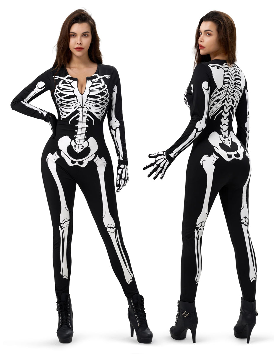Women Double-Sided Skeleton Costume Bodysuit for Adult Halloween ...