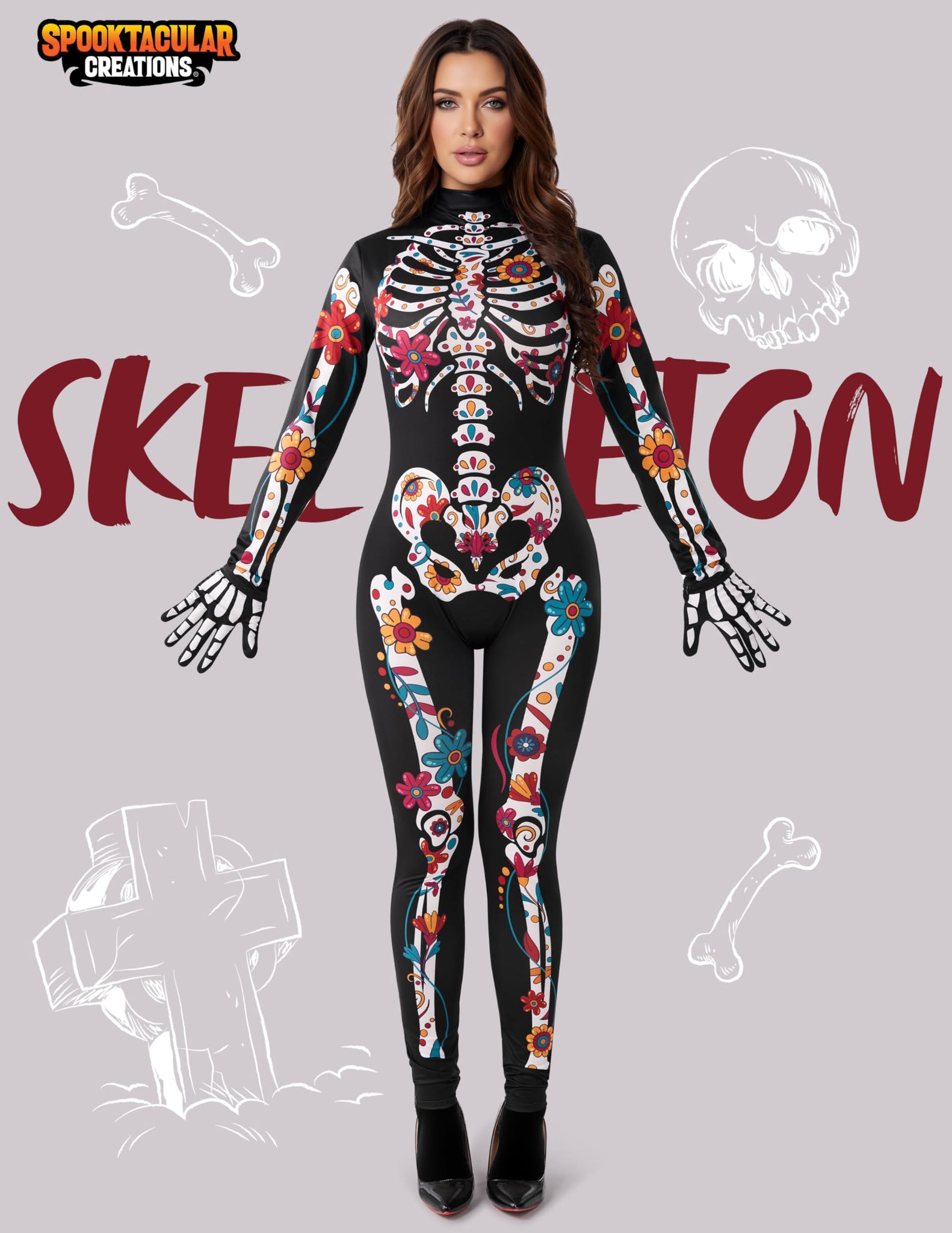 Halloween Women Floral Skeleton Jumpsuit Costume | Spooktacular Creations