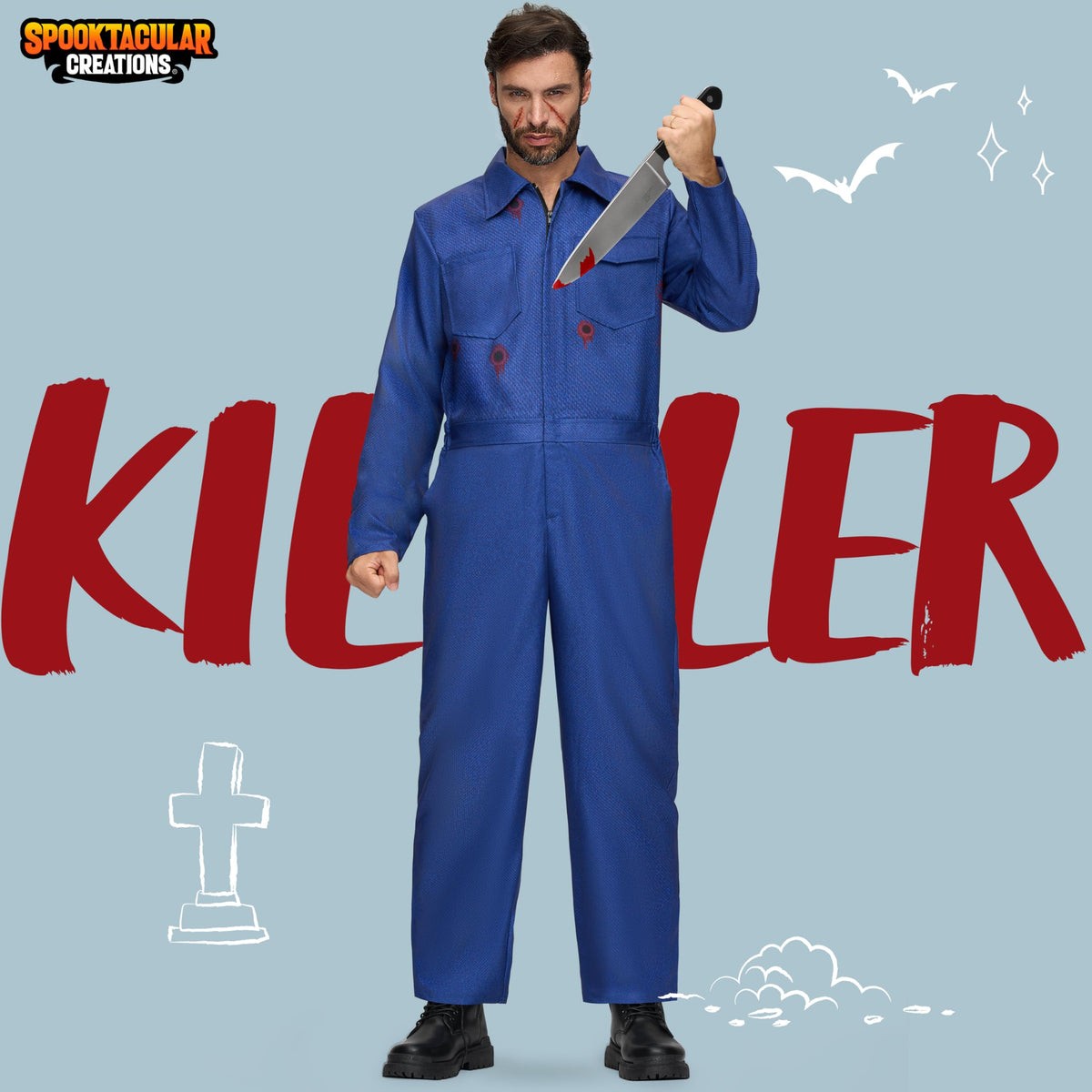 Halloween Men Killer Costume, Blue Horror Killer Jumpsuit for Halloween ...