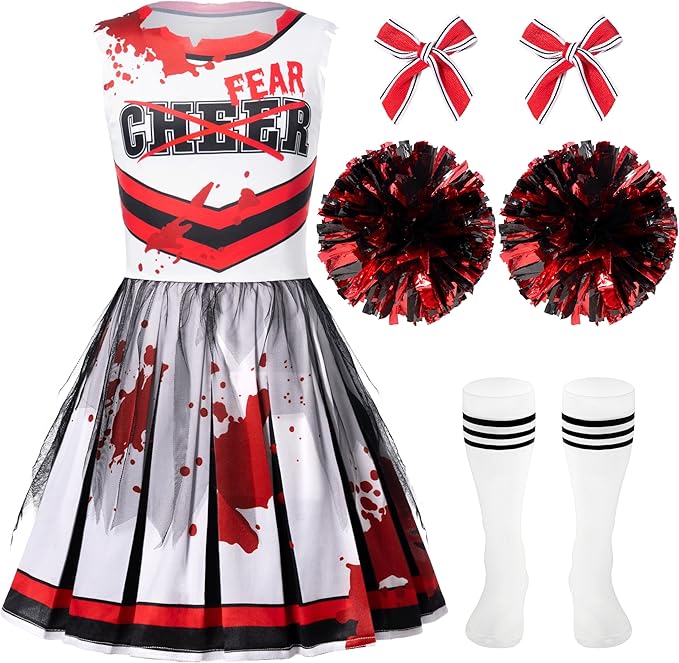 Halloween Zombie Cheerleader Costume for Girls, Red White ...