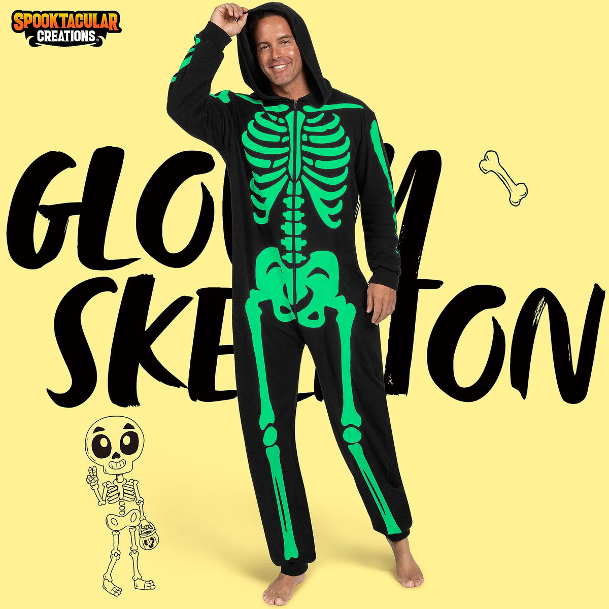 Adult Skeleton Costume for Men Glow in the Dark jumpsuit Pajama Zip-Up ...