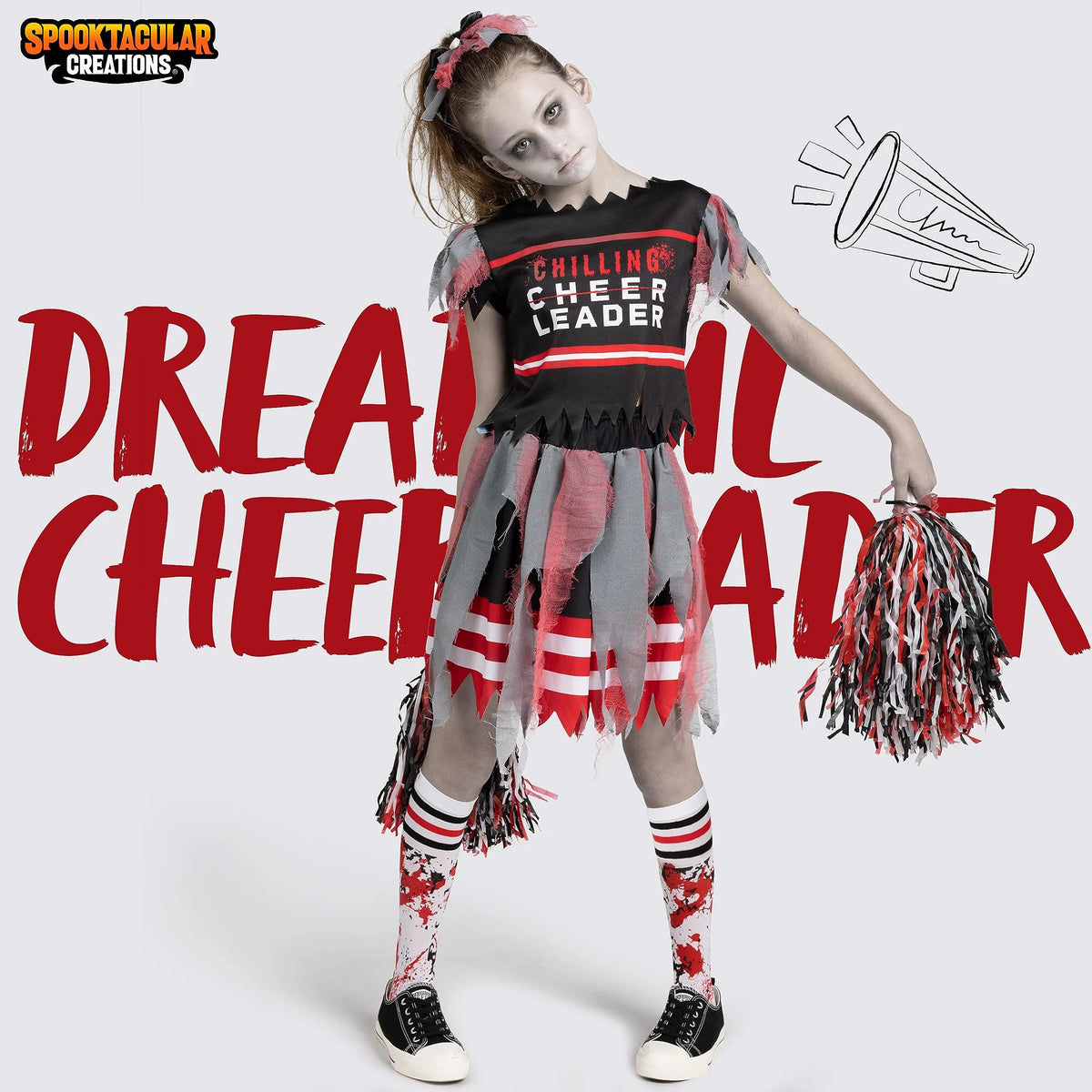 Black and Red Dreadful Cheerleader Zombie Fearleader Costume for Girls ...