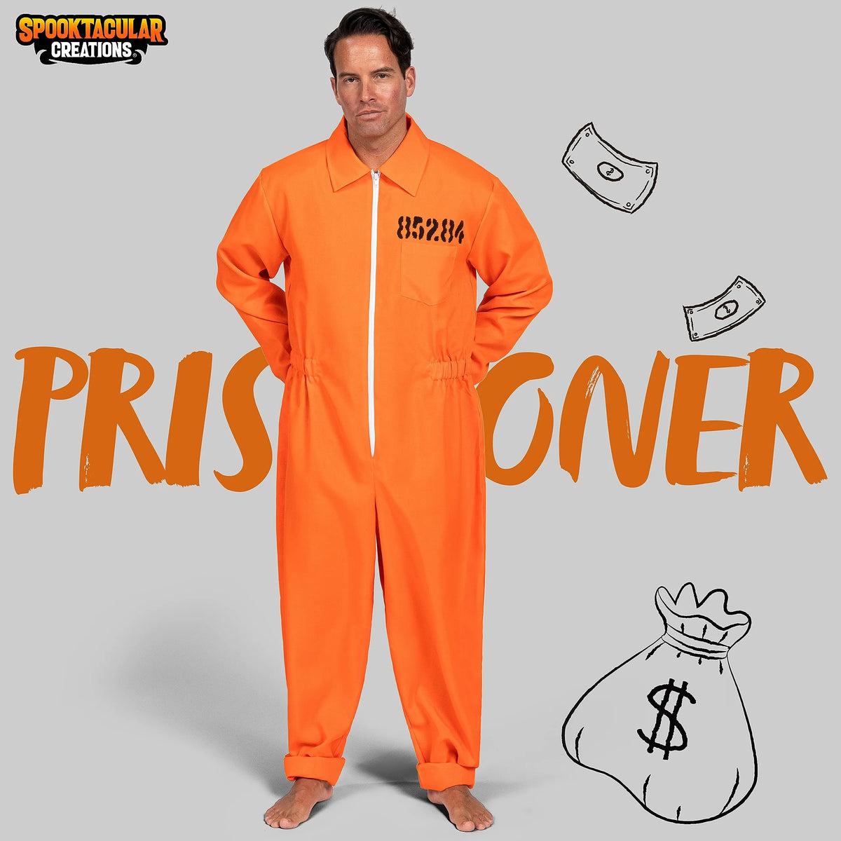 Jumpsuit Men's Orange Prison Escaped Inmate Jailbird Coverall Costume ...