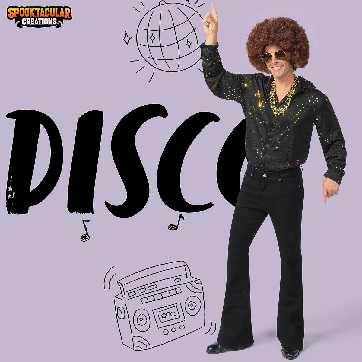 Men Fashion Disco Dude Shirt Set with Wig Glasses Necklace Accessories ...