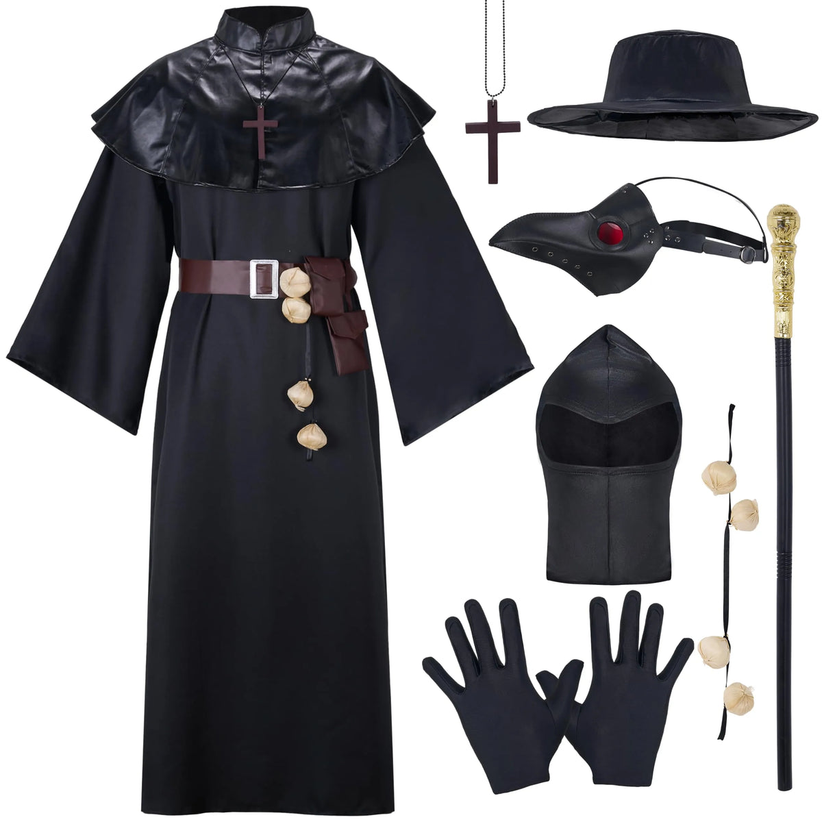 Men Plague Doctor Black Costume Set with Hat, Mask, Shawl, Robe, Glove ...