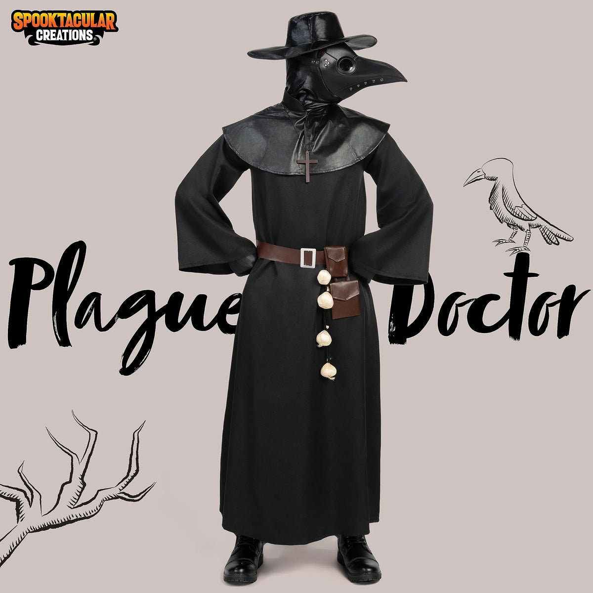Men Plague Doctor Black Costume Set with Hat, Mask, Shawl, Robe, Glove ...