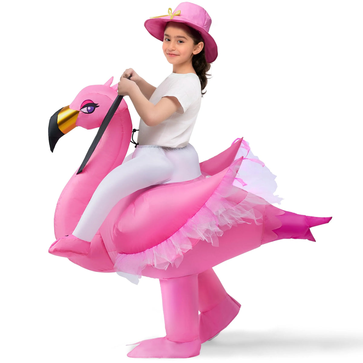 Riding an Elegant Flamingo Inflatable Halloween Costume | Spooktacular ...