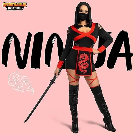 Women Ninja Costume, with Hooded Romper and Ninja Mask for Adult ...